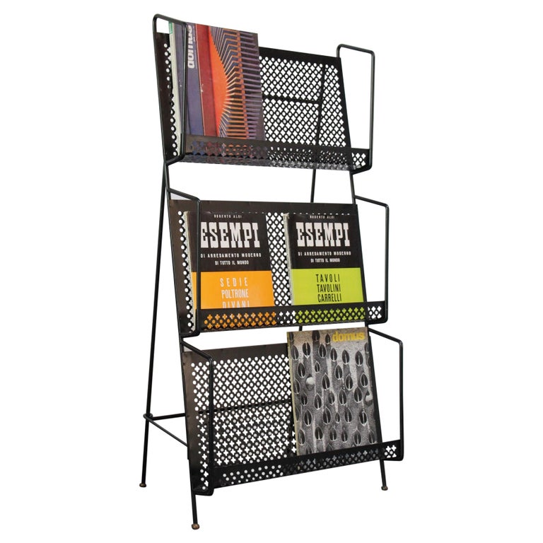 Large Mid-Century Modern Free-Standing Collapsable Metal Magazine Rack ...