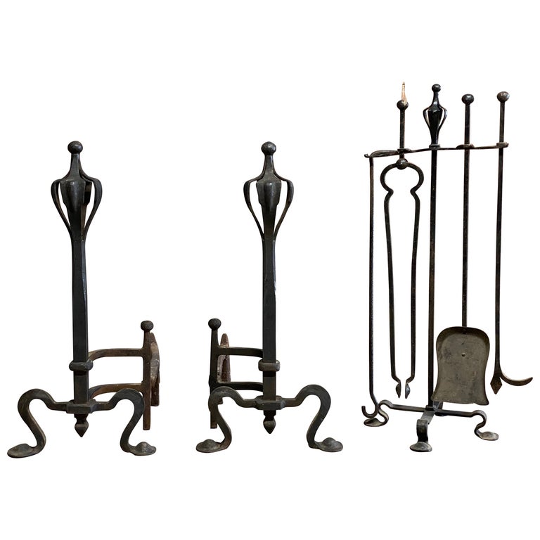 Monumental American Arts and Crafts Andirons and Tools Manner of Samuel ...