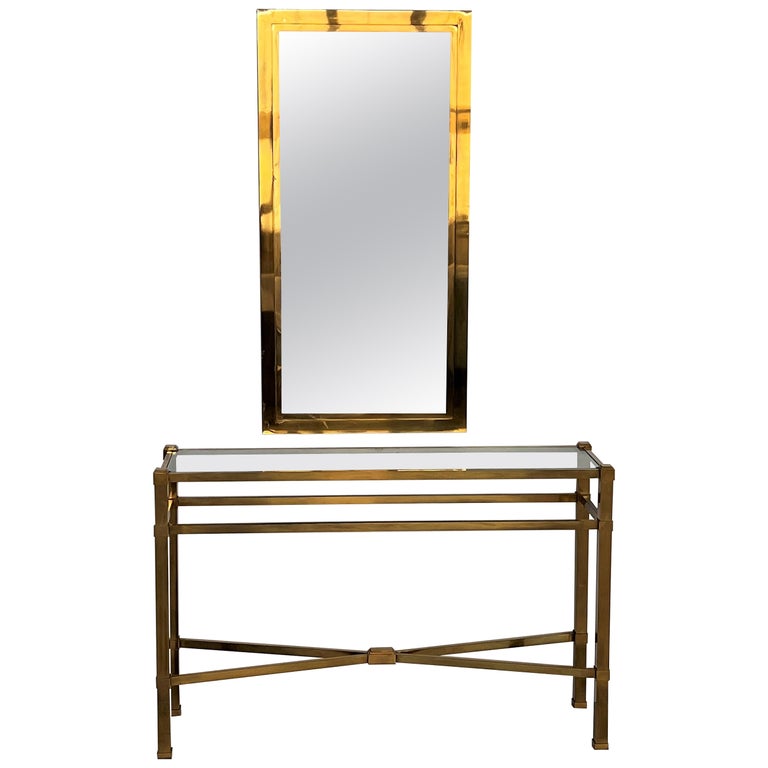 Mid-Century Brass Console Table with Cut Glass and Wall Mirror, Italy ...