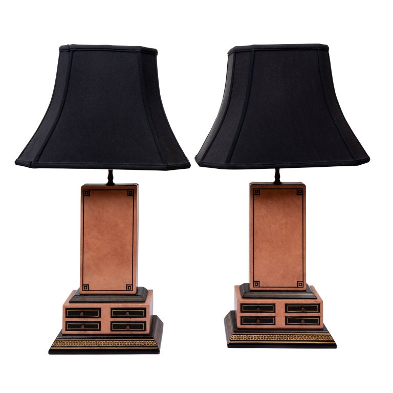 Pair of Glove Leather Covered Lamps with Drawers For Sale at 1stDibs