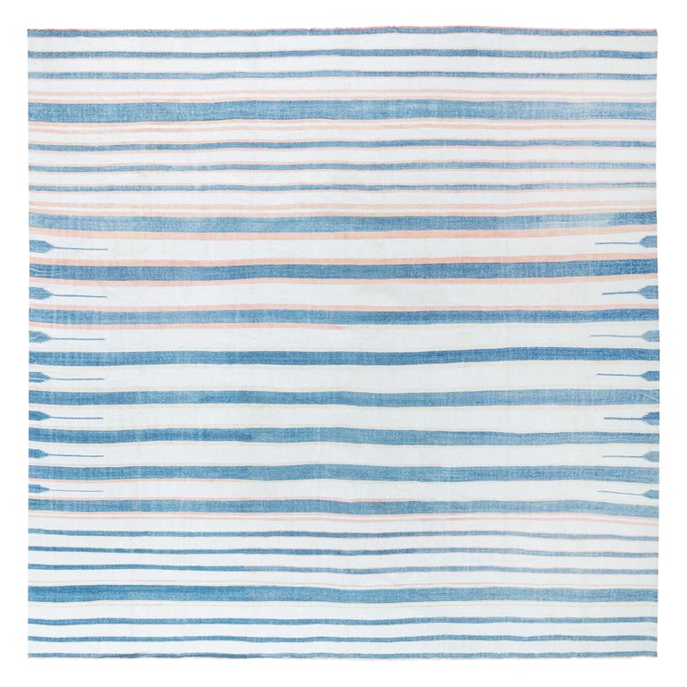 Vintage Indian Dhurrie Striped Blue Beige Rug For Sale at 1stDibs