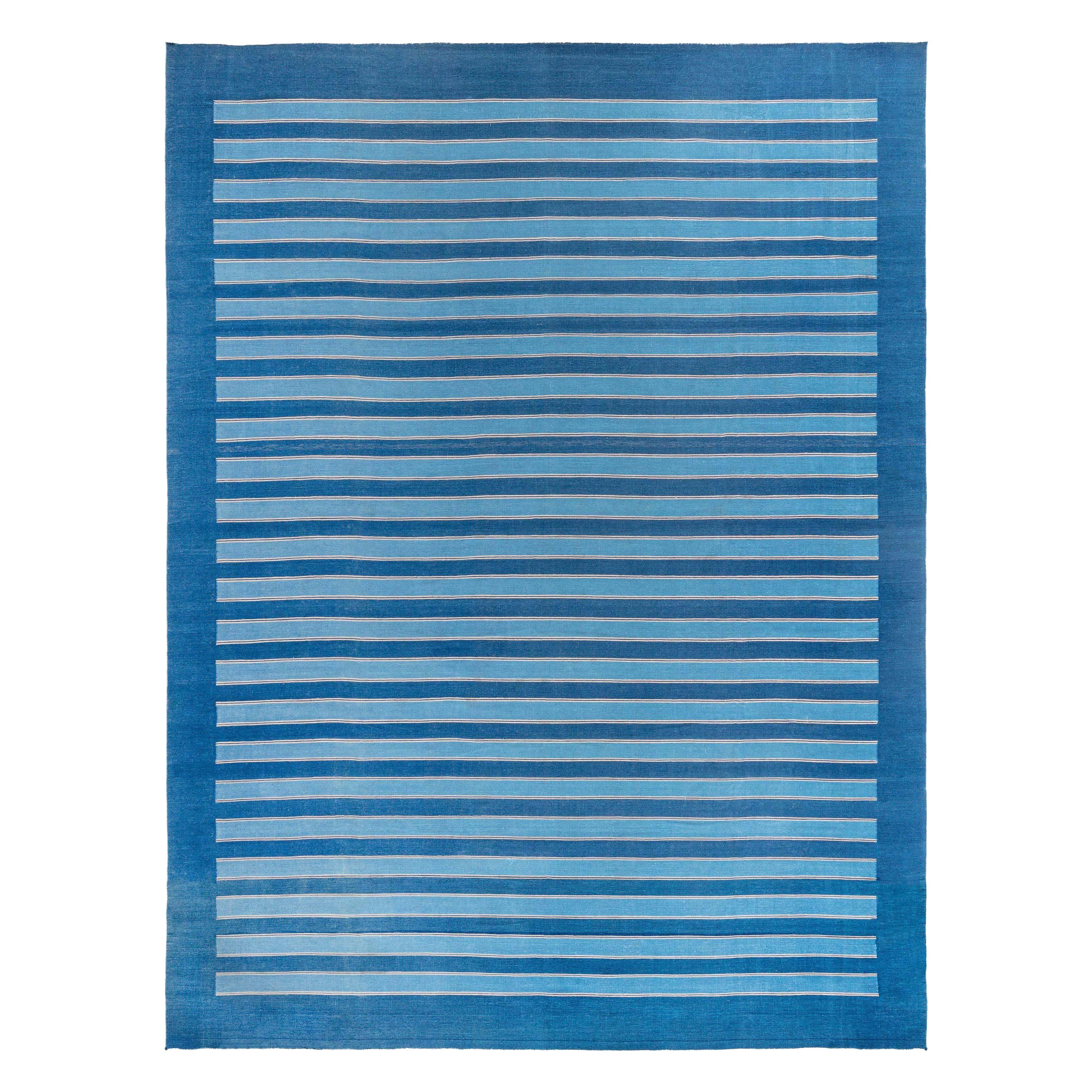 Doris Leslie Blau Collection Vintage Indian Dhurrie Striped Blue Beige Rug For Sale at 1stDibs