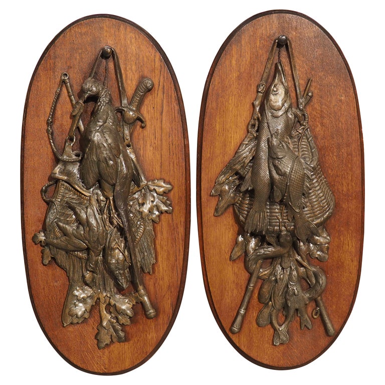 Pair of Antique French Oval Hunting and Fishing Trophy Plaques, Circa ...