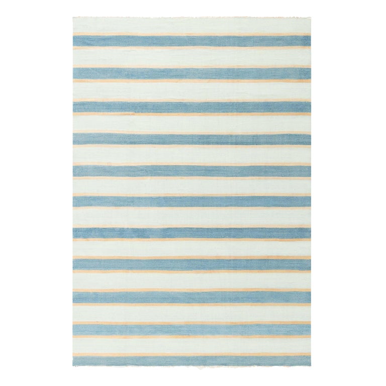 Vintage Indian Dhurrie Striped Blue Beige Ivory Rug by Doris Leslie ...