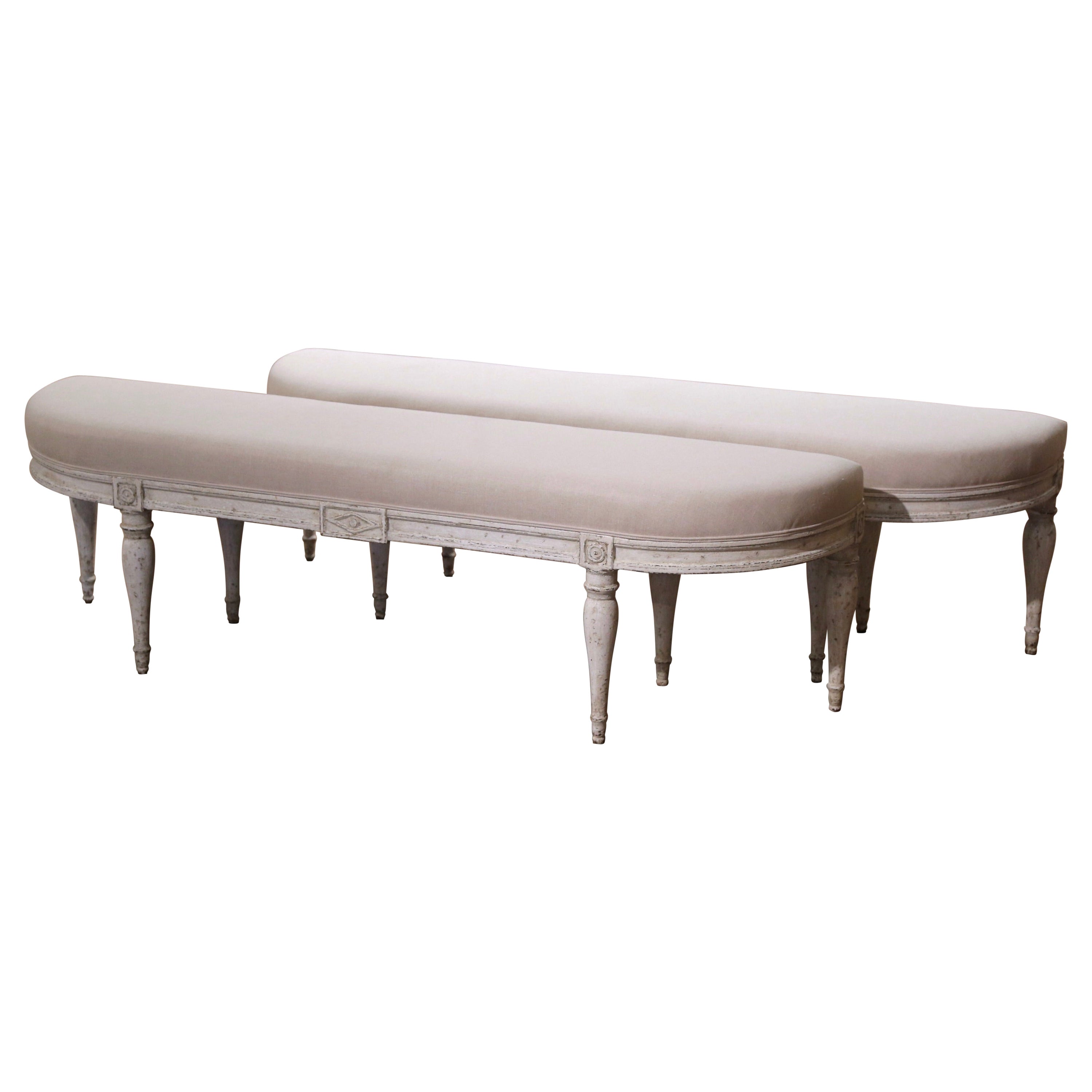 Pair of 19th Century Directoire Carved Painted Benches with Rounded ...