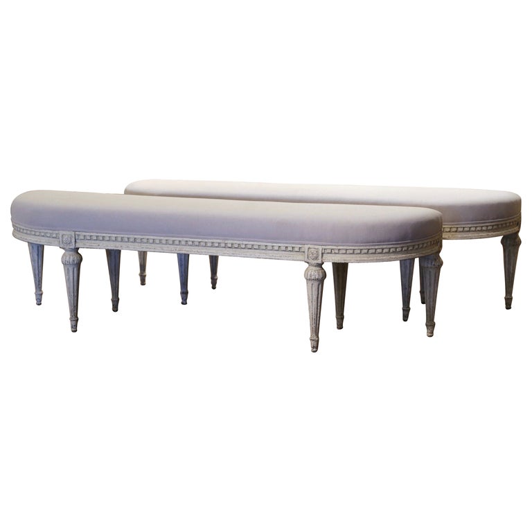 Pair of 19th Century Louis XVI Carved Painted Benches with Rounded ...