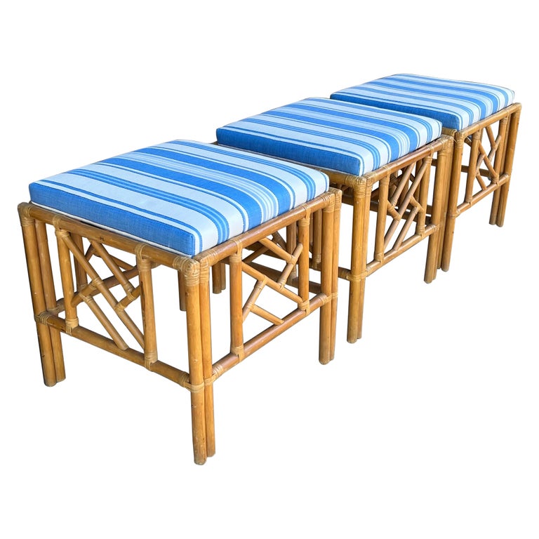Chinese Chippendale Style Rattan / Bamboo Ottomans / Tables in Blue and ...