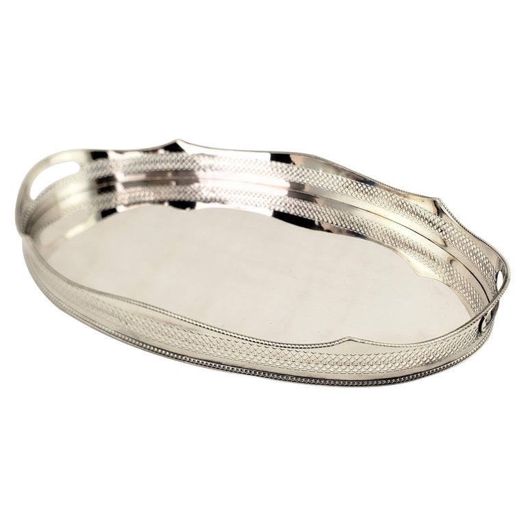 Antique Oval Silver Plated Footed Gallery Serving Tray For Sale at 1stDibs