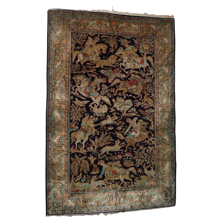 FINE 212XM X 138CM ANTiQUE KASHMIRI HUNTING RUG MULTI COLOURED FIGHTING ...