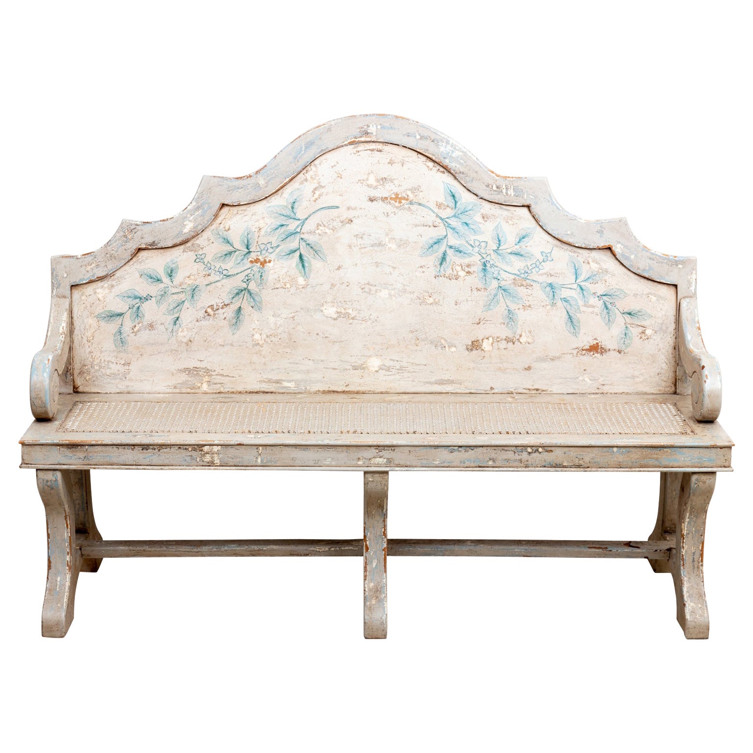 French Painted Long Bench with 2 Side Arms, High Back and a Long Deep ...