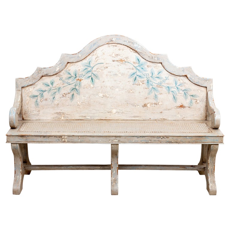 Painted and Decorated High Back Bench For Sale at 1stDibs