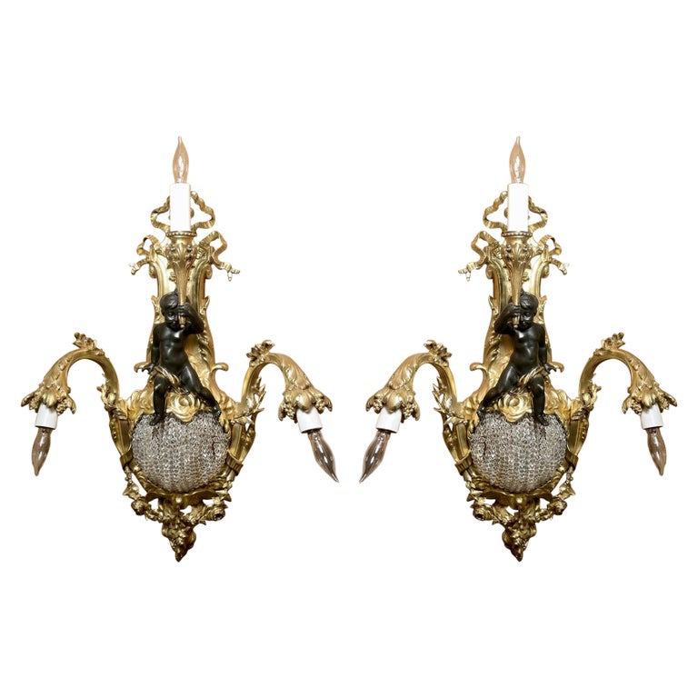 Pair Antique French Belle Époque Gold Bronze and Cut Crystal Sconces ...