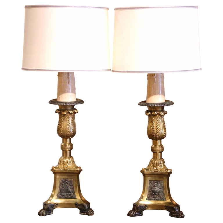 Pair of 19th Century French Two-Tone Brass Candlesticks Table Lamps ...