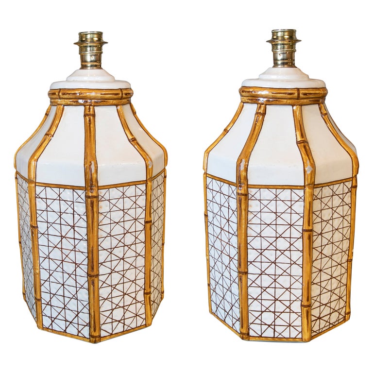 1980s Pair of Spanish Ceramic Lamps with Bamboo Decor Hand Painted For ...