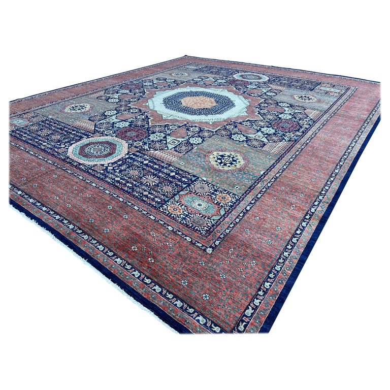 Hand-Knotted Afghan Mamluk Area Rug Salmon Pink Red Navy Blue Teal Sage ...