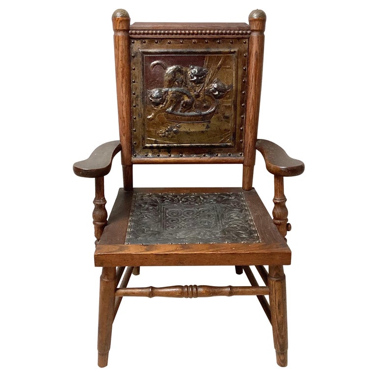 Victorian Aesthetic Movement Childs Chair with Pressed Leather Cats on ...
