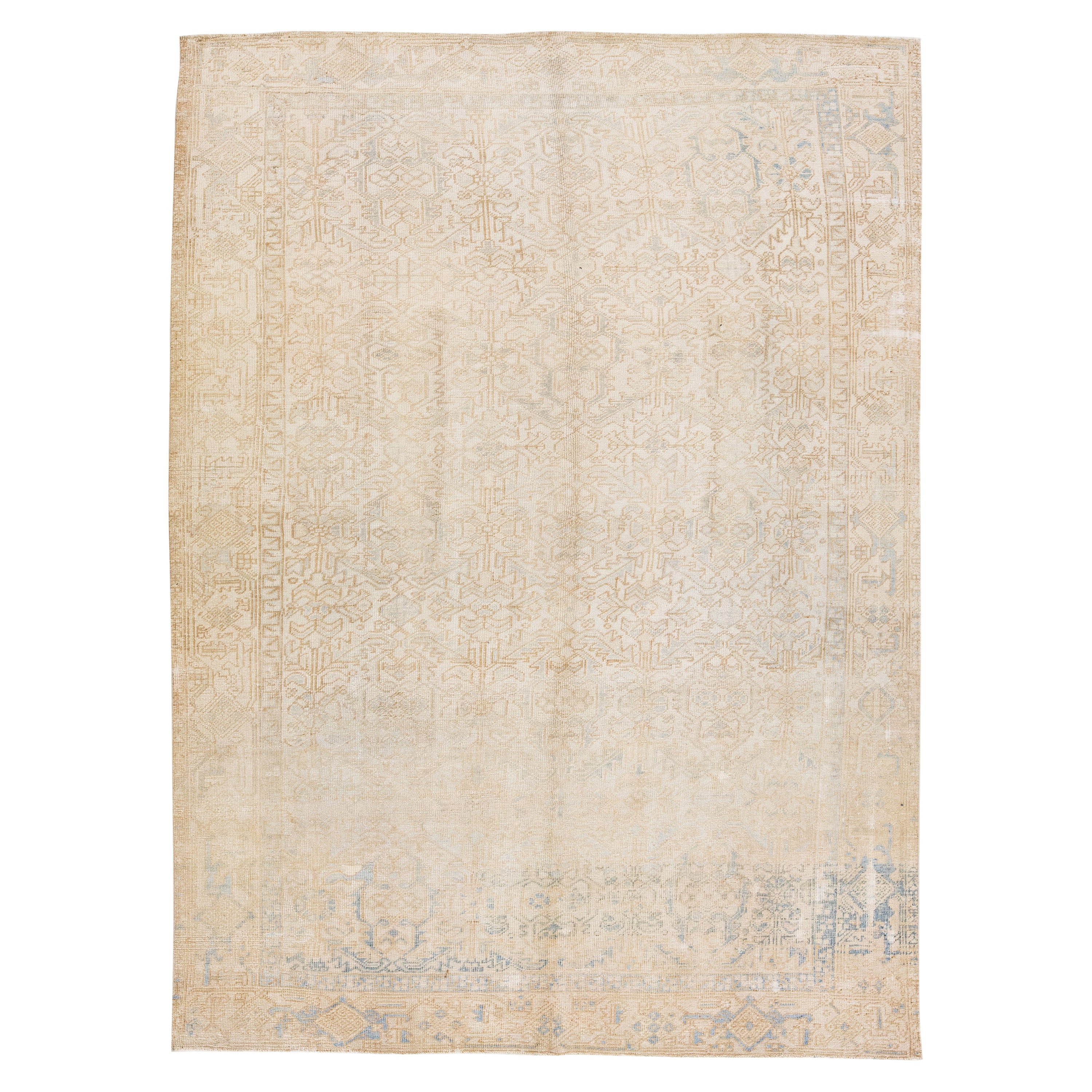 Beige Antique Persian Heriz Handmade Wool Runner with Allover Design ...
