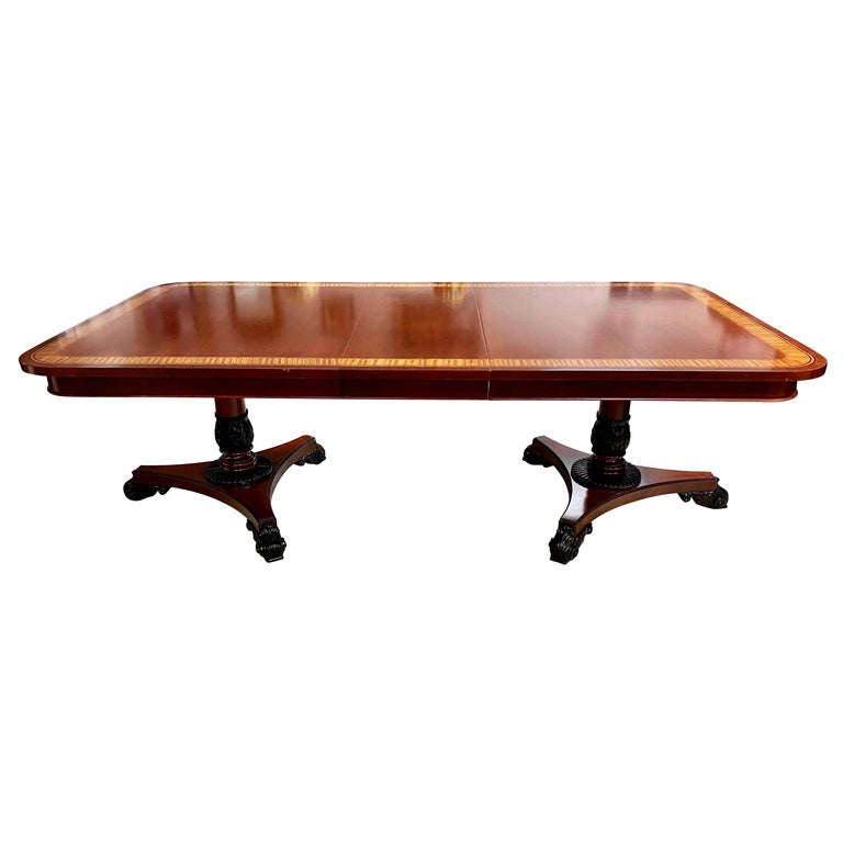 Baker Furniture Signed Mahogany Inlay Expandable Pedestal Dining Table ...