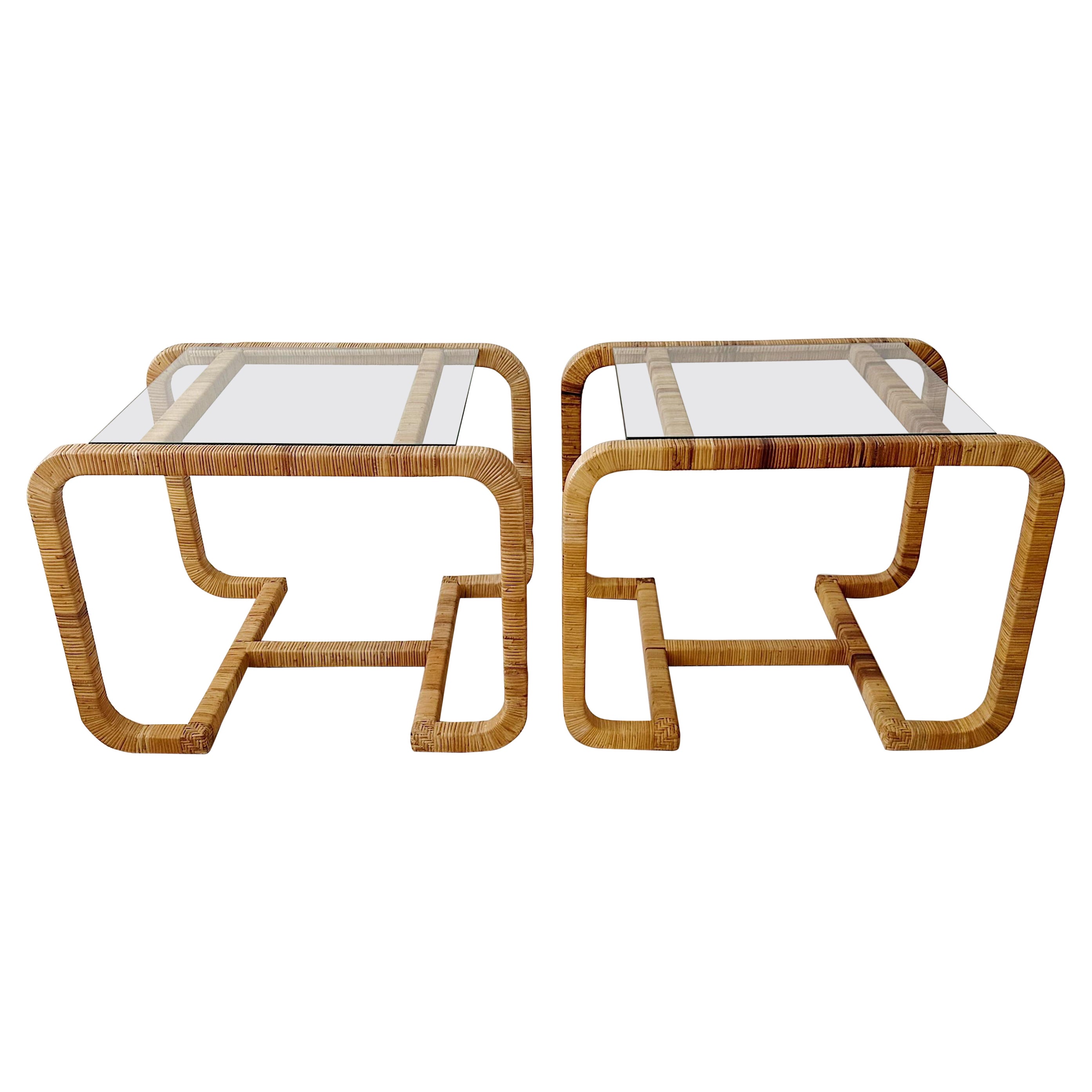 Pair Banded Wrapped Rattan End Drinks Tables For Sale at 1stDibs