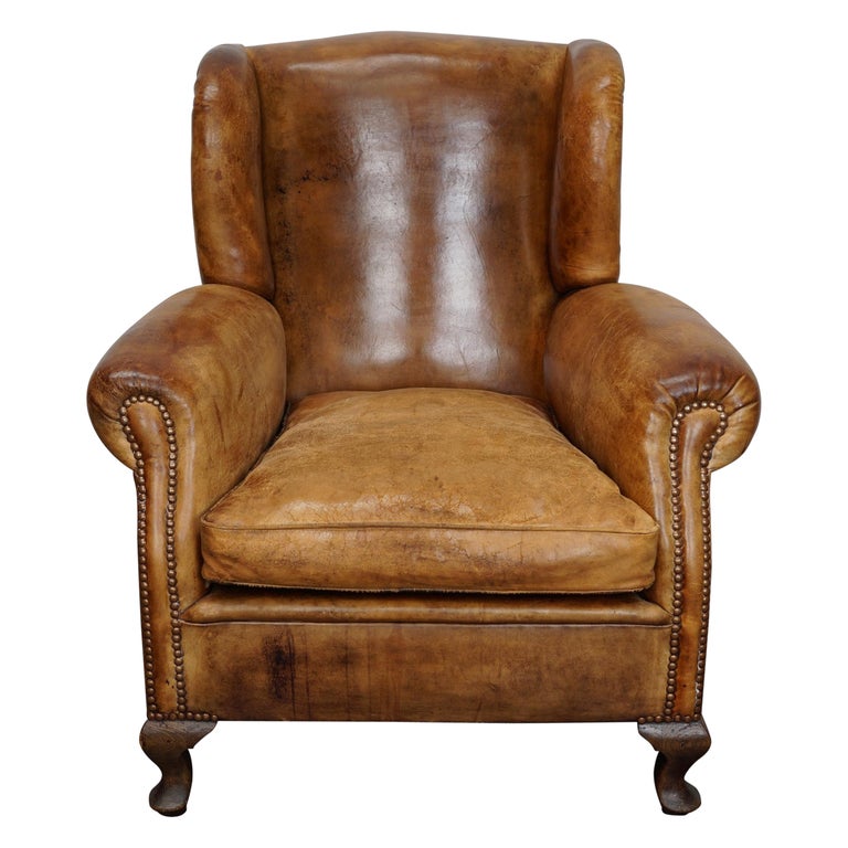 Vintage Dutch Cognac Colored Wingback Leather Club Chair For Sale at ...