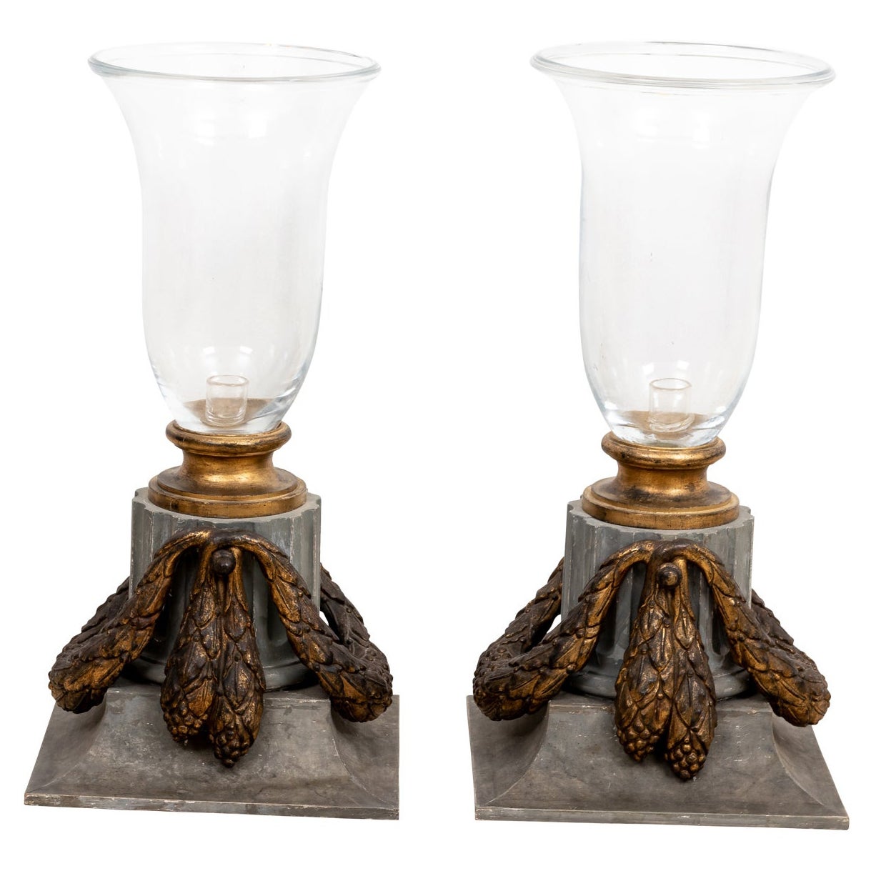 Pair of Blenko Royal Leerdam Blue Green Baluster Form Hurricane Shades ...