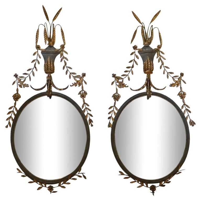 Rare Pair Monumental 80 Inch Brass Adams Style Floral Oval Mirrors ...