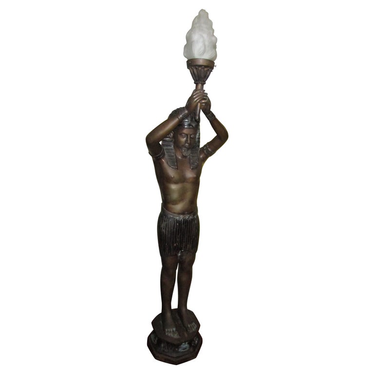 Art Deco Style Bronze Verdigris Statue with Pharaoh Holding Torchiere ...