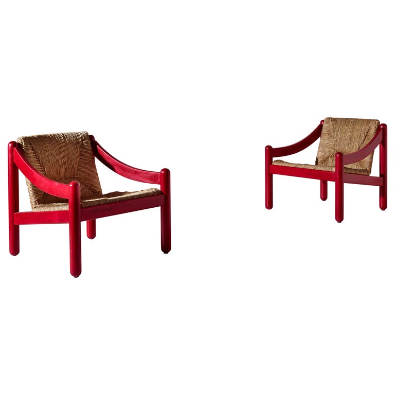 Vico Magistretti for Cassina Pair of Rush and Beech Carimate Armchairs ...