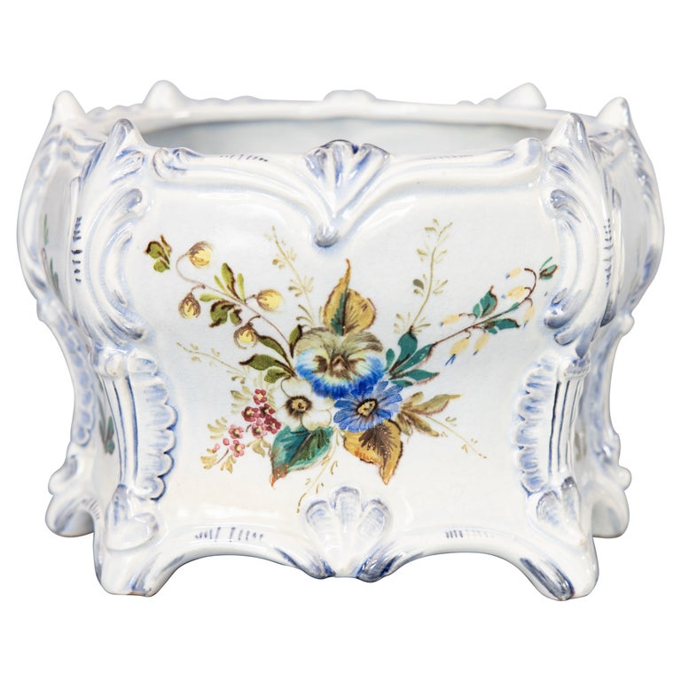 19th Century, French Country Floral Faience Cachepot Jardiniere Planter ...