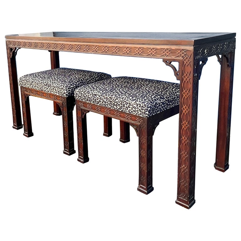 1960s Chinese Chippendale Style Console Table and Leopard Ottomans by ...