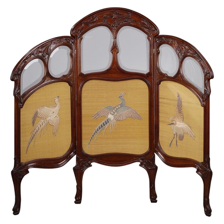Three-Leaf Silk and Wood Screen 1900, Stamped Felix Bernard For Sale at ...
