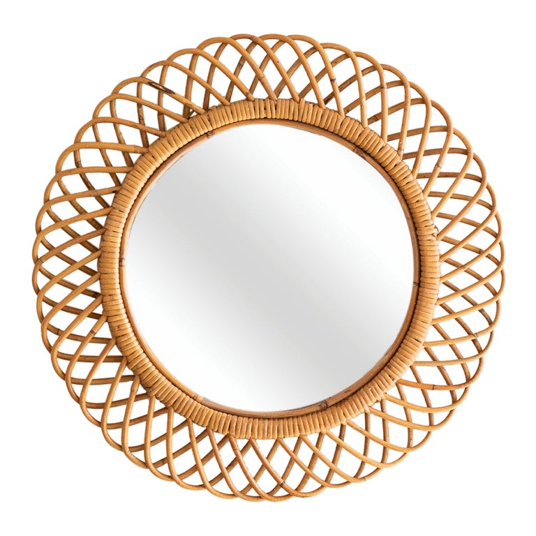 Italian Round Rattan Mirror at 1stDibs