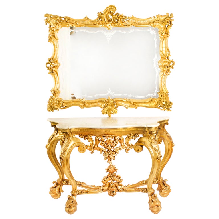 Antique Italian Rococo Revival Carved Giltwood Console and Mirror 19th ...