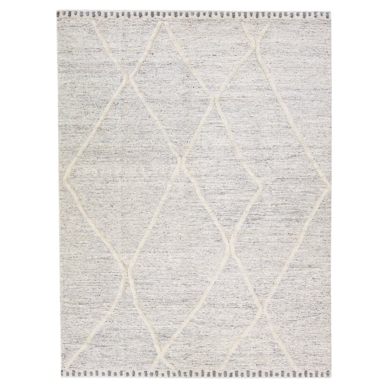 Modern Moroccan Style Ivory Handmade Wool Rug with a Tribal Motif For ...