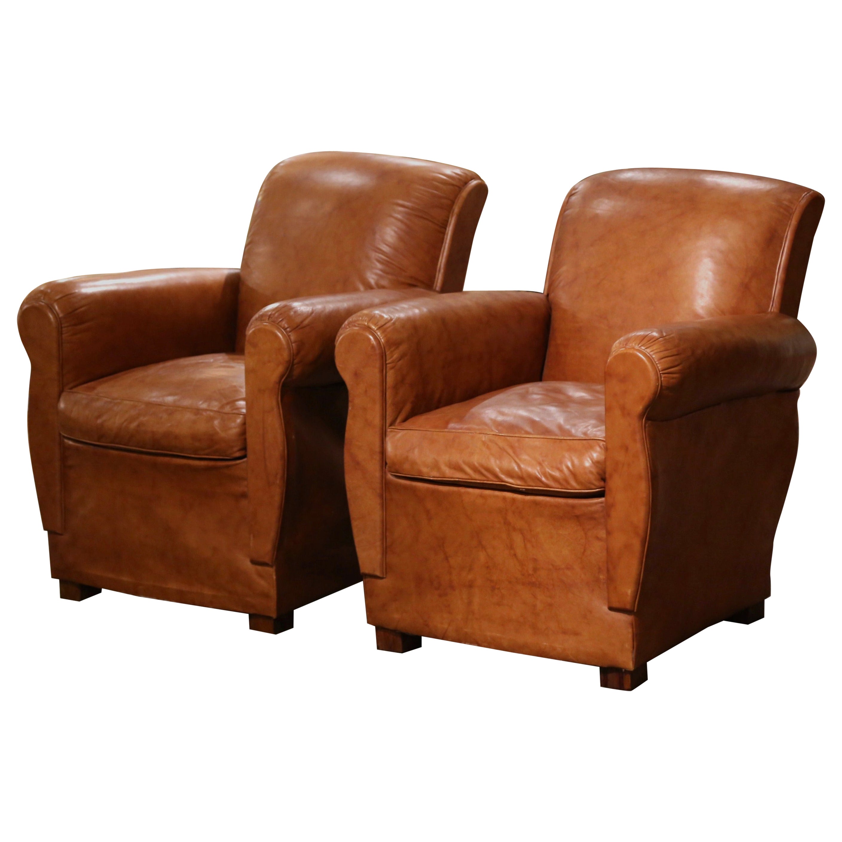 Pair of Vintage French Art Deco Patinated Tan Leather Club Armchairs ...