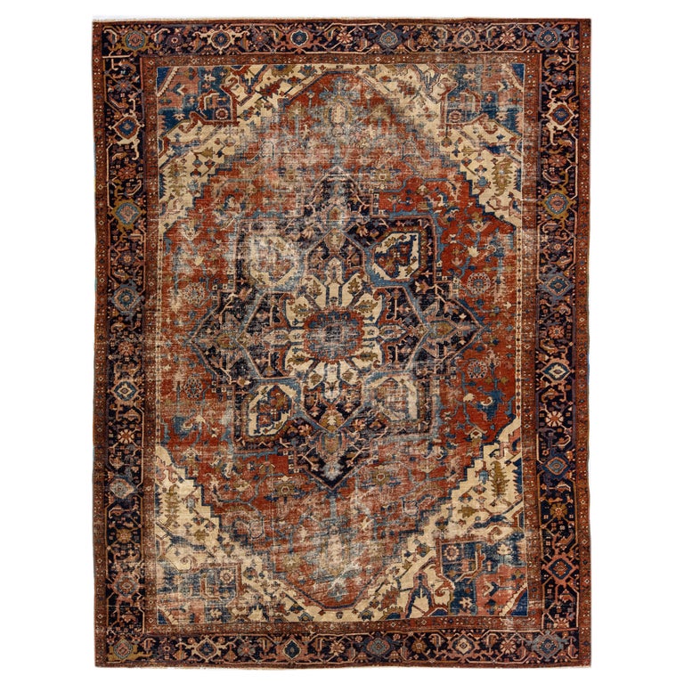 Rust Antique Persian Serapi Handmade Medallion Wool Rug For Sale at 1stDibs