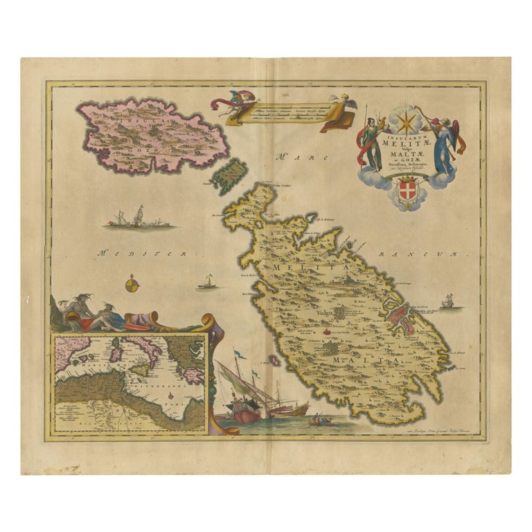 Antique Map of Malta and Gozo with Original Hand Coloring For Sale at ...