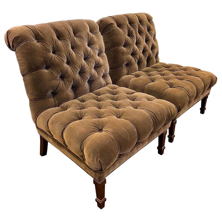 Pair of Brown Velvet Tufted Slipper Chairs by Bernhardt at 1stDibs