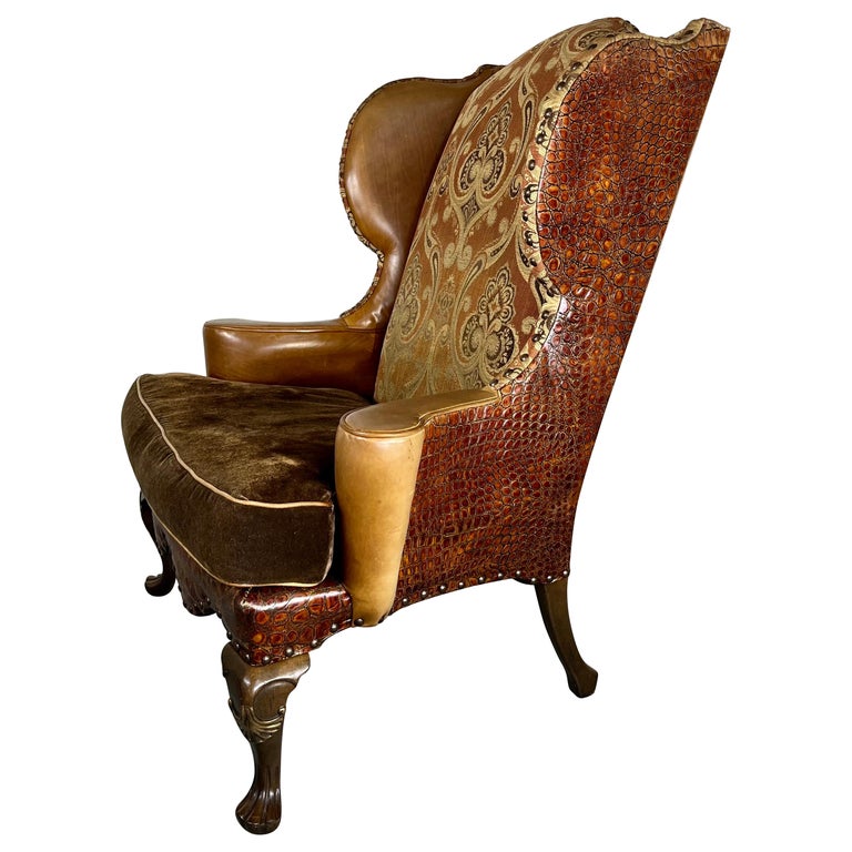 Custom Faux Gator Leather and Mohair Oversized Wingback Chair by ...