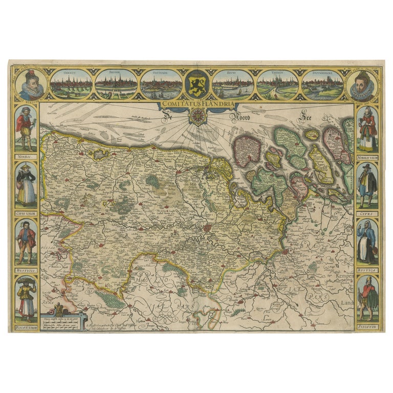 Antique Map of Flanders with Decorative Borders For Sale at 1stDibs