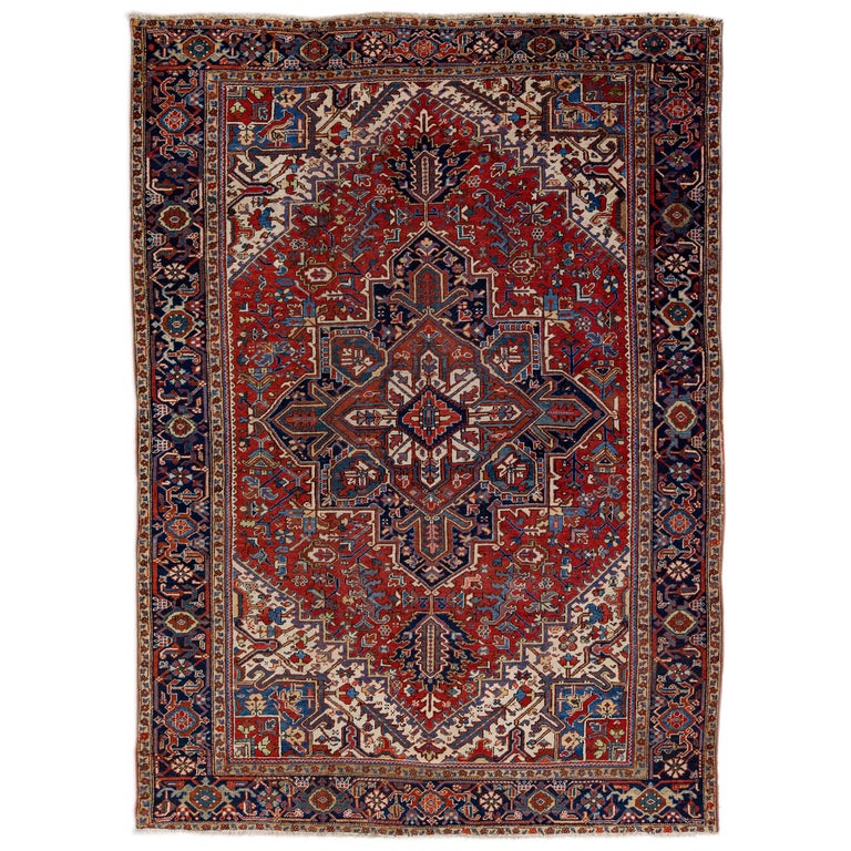 Antique Heriz Red Handmade Persian Wool Rug with Multicolor Medallion ...