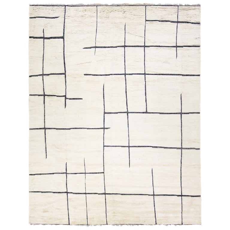 Modern Moroccan Style Ivory Handmade Geometric Wool Rug For Sale at 1stDibs