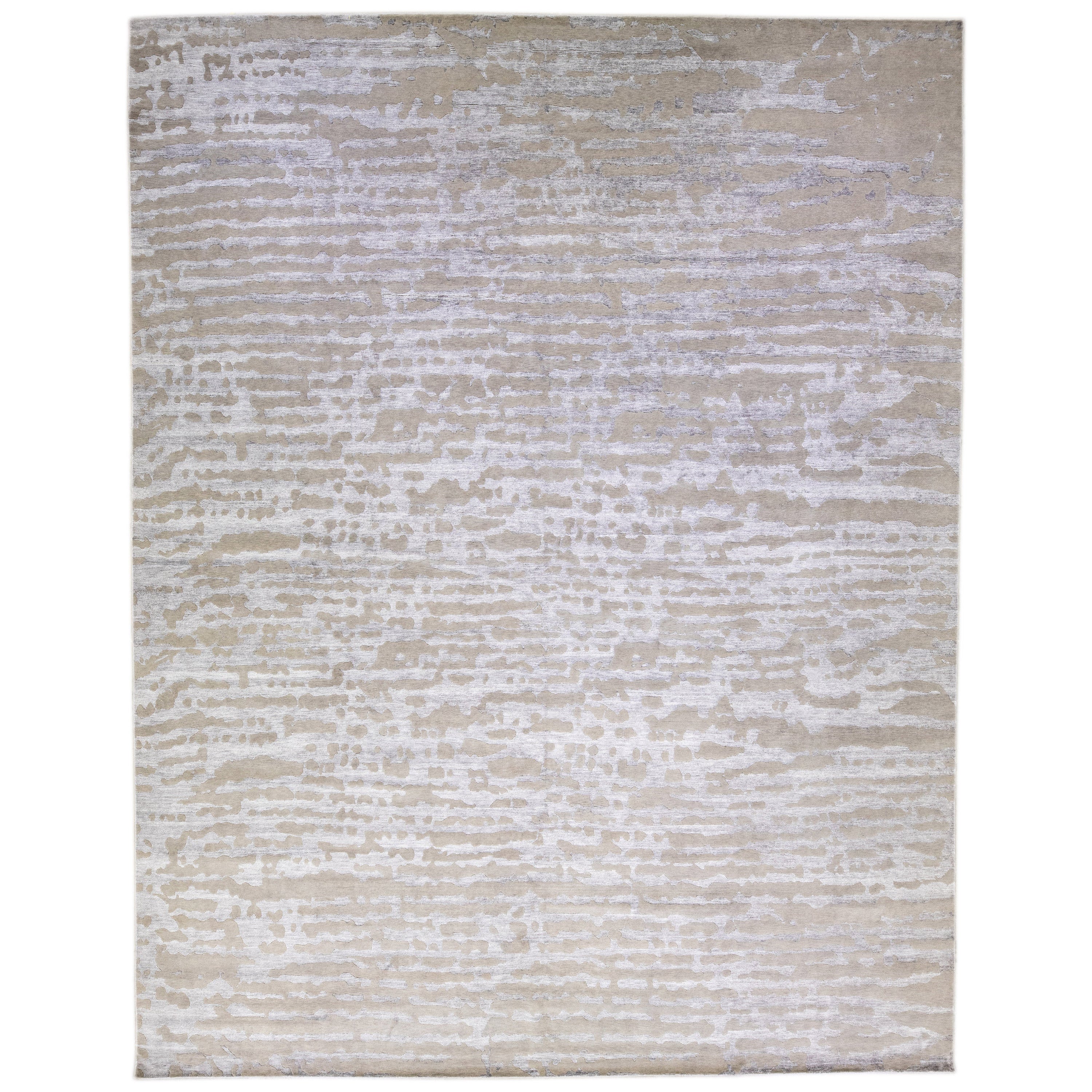 Contemporary Abstract Rug in Blues Brown Grey, Handmade of Silk and ...