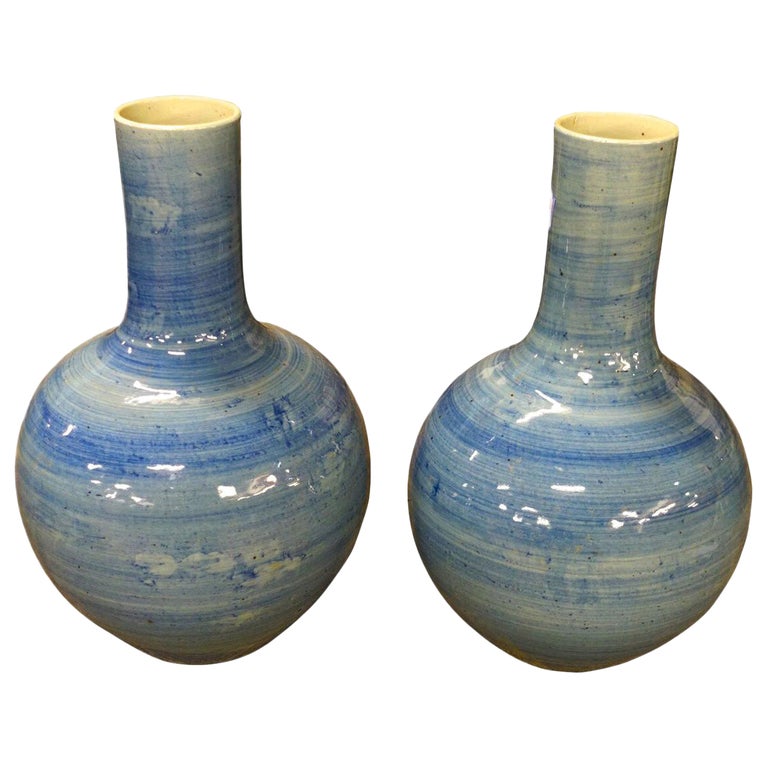 Blue Horizontal Striated Pattern Pair of Vases, China, Contemporary For ...