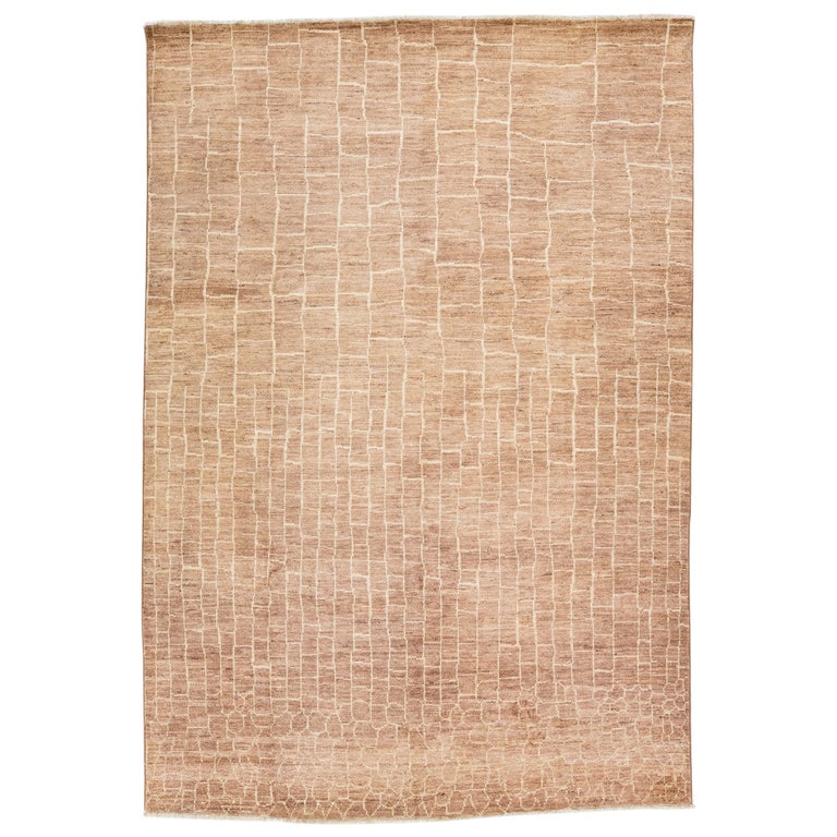 Modern Moroccan Style Light Brown Handmade Geometric Wool Rug For Sale ...