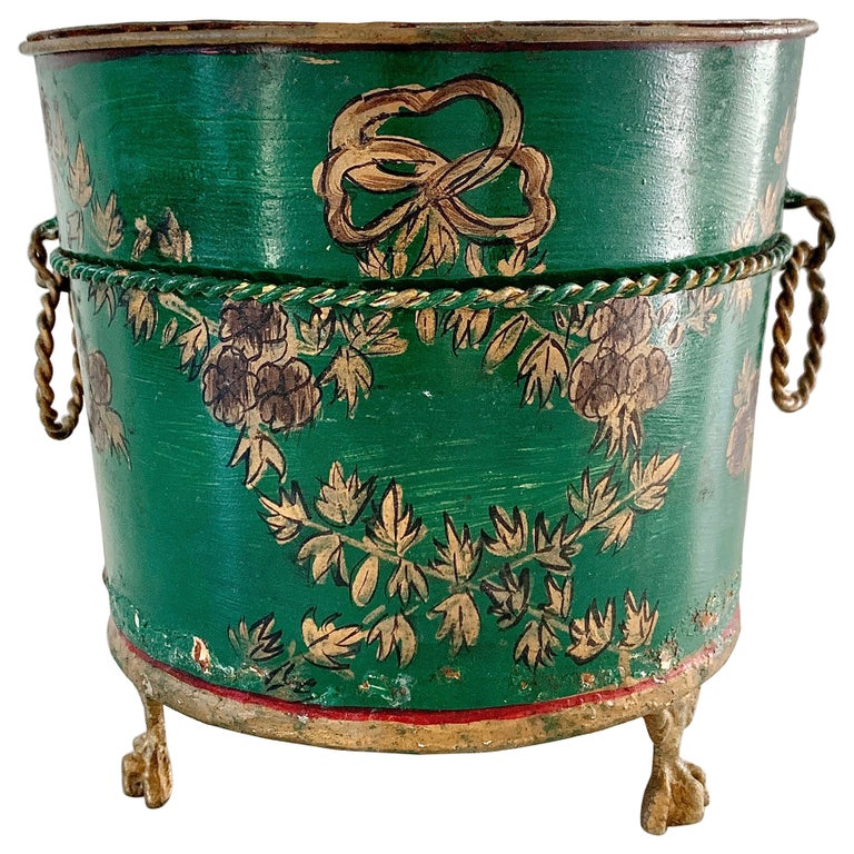 Italian Tole Green and Gold Cachepot Planter Vase For Sale at 1stDibs