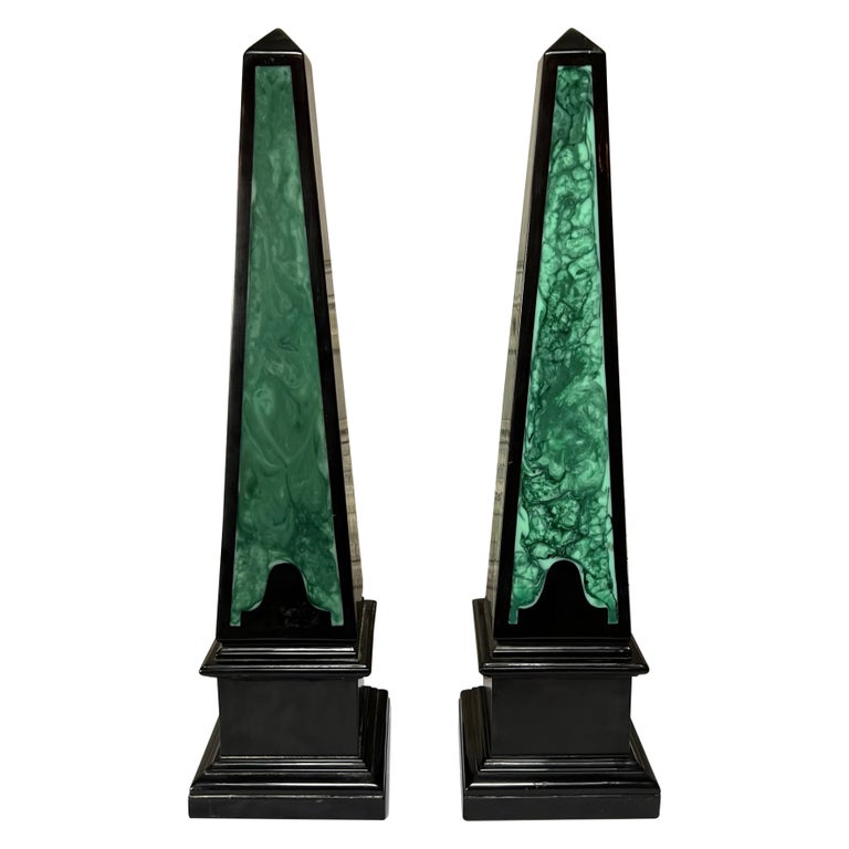Pair of Obelisk With a Black and Faux Malachite Lacquered Finish For ...