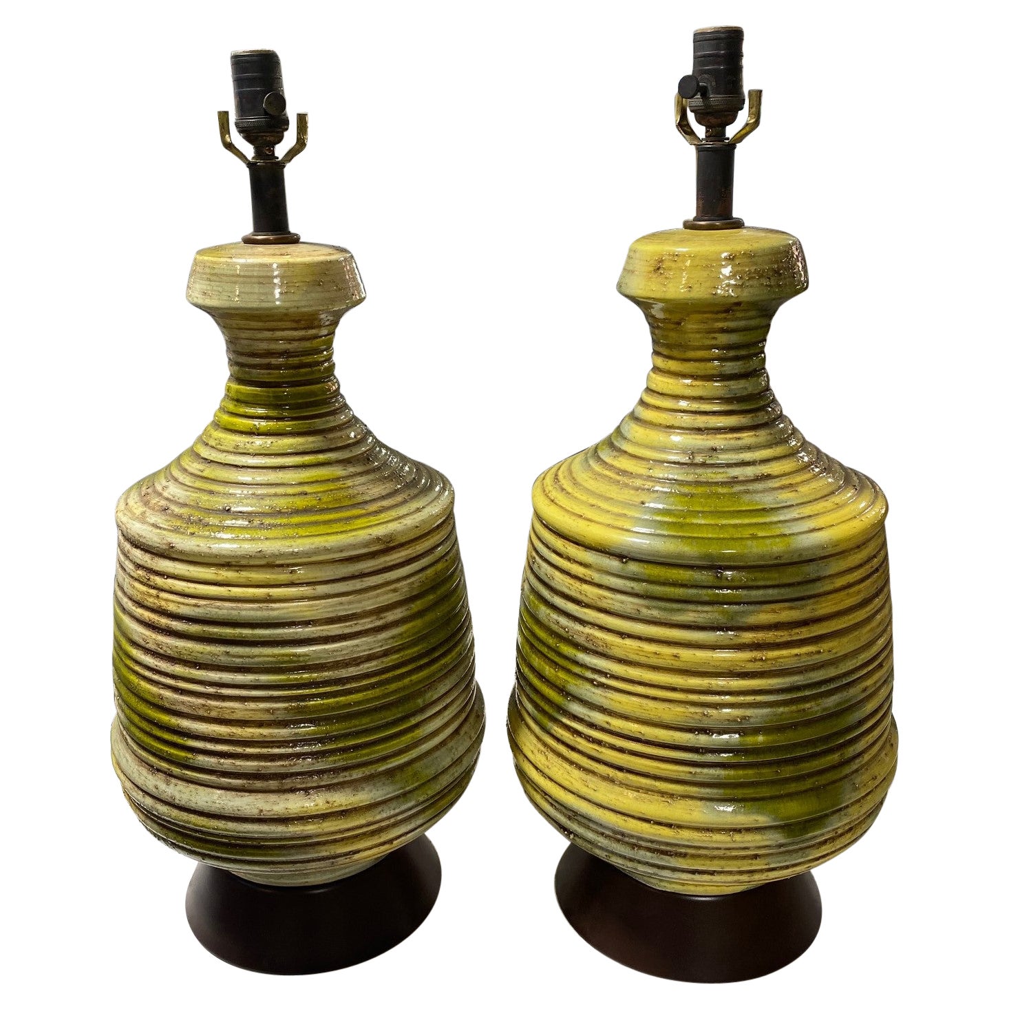 Pair of Green Glazed Pottery Ceramic Table Lamps with Floral Motif at ...