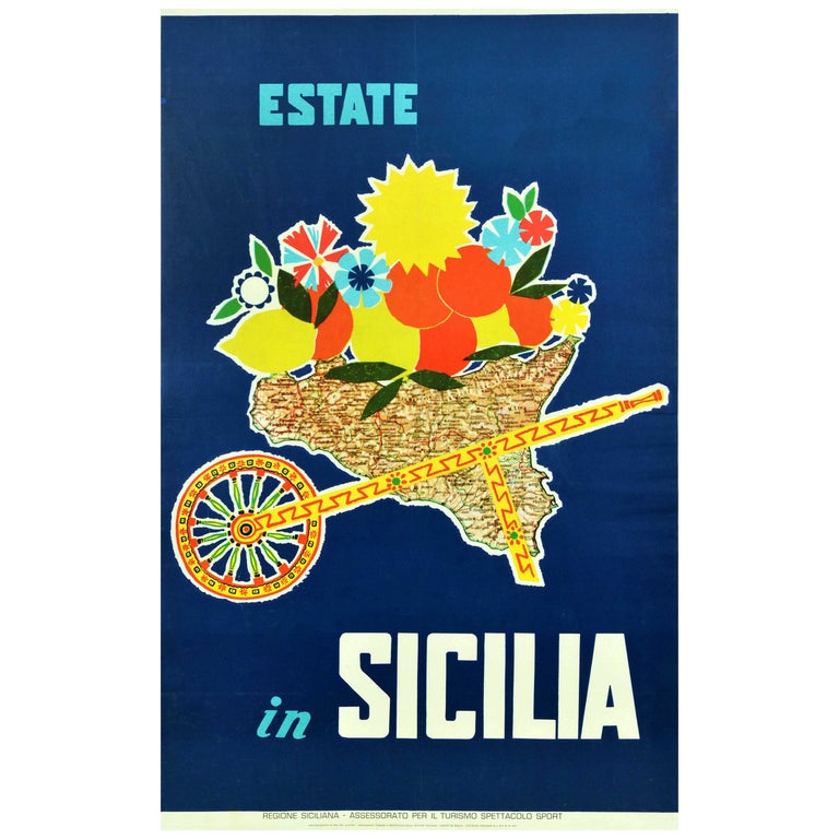 Original Vintage Travel Poster Summer In Sicily Mediterranean Sicilia ...