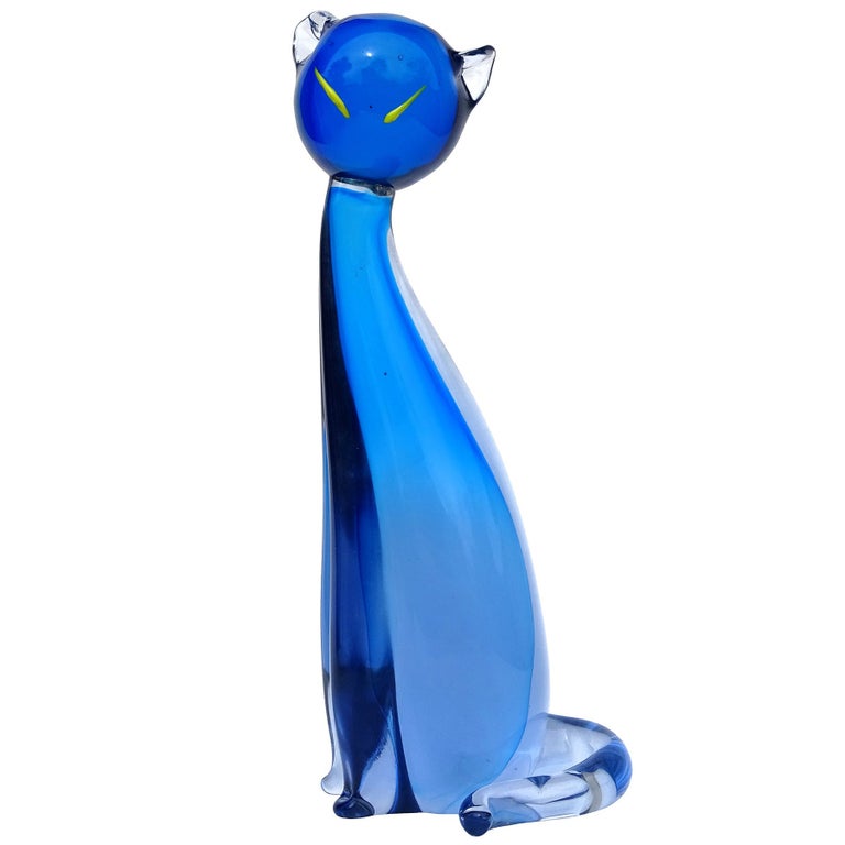 Livio Seguso Murano Sommerso Blue Italian Art Glass Kitty Cat Figure ...